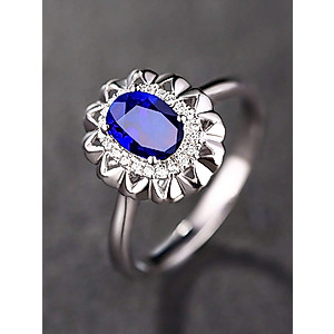 KnBoB Women Flowers Oval Shape 0.6ct Sapphire Ring 18K White Gold Promise Wedding Engagement Bridal Anniversary Ring Size 4
