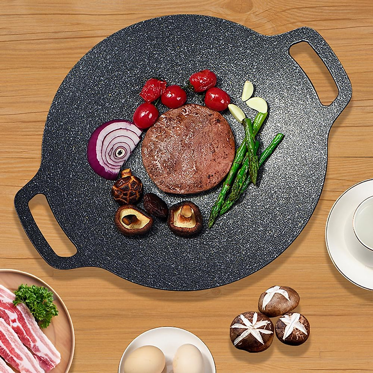 Korean BBQ Grill Pan 13.3inches, UNOSCHRIM Non-stick Grill Pan, Granite Coating Circular Grill Pan with Anti-Scalding Gloves and Food Clip, Suitable for Both Home and Outdoor Camping