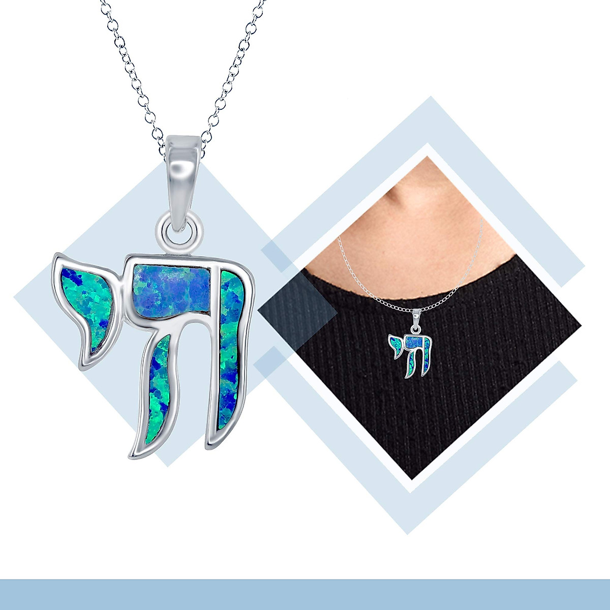 Beaux Bijoux Sterling Silver Created Blue Opal Hebrew Chai (Life) Pendant with 18" Chain