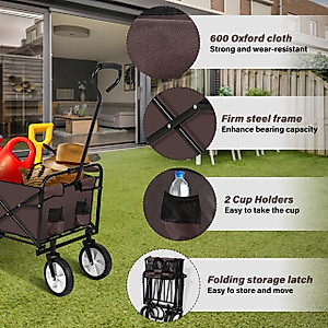 Collapsible Folding Wagon, Beach Wagon Cart Heavy Duty 220LBs Foldable, Utility Grocery Wagon with Side Pocket for Camping Garden Sports