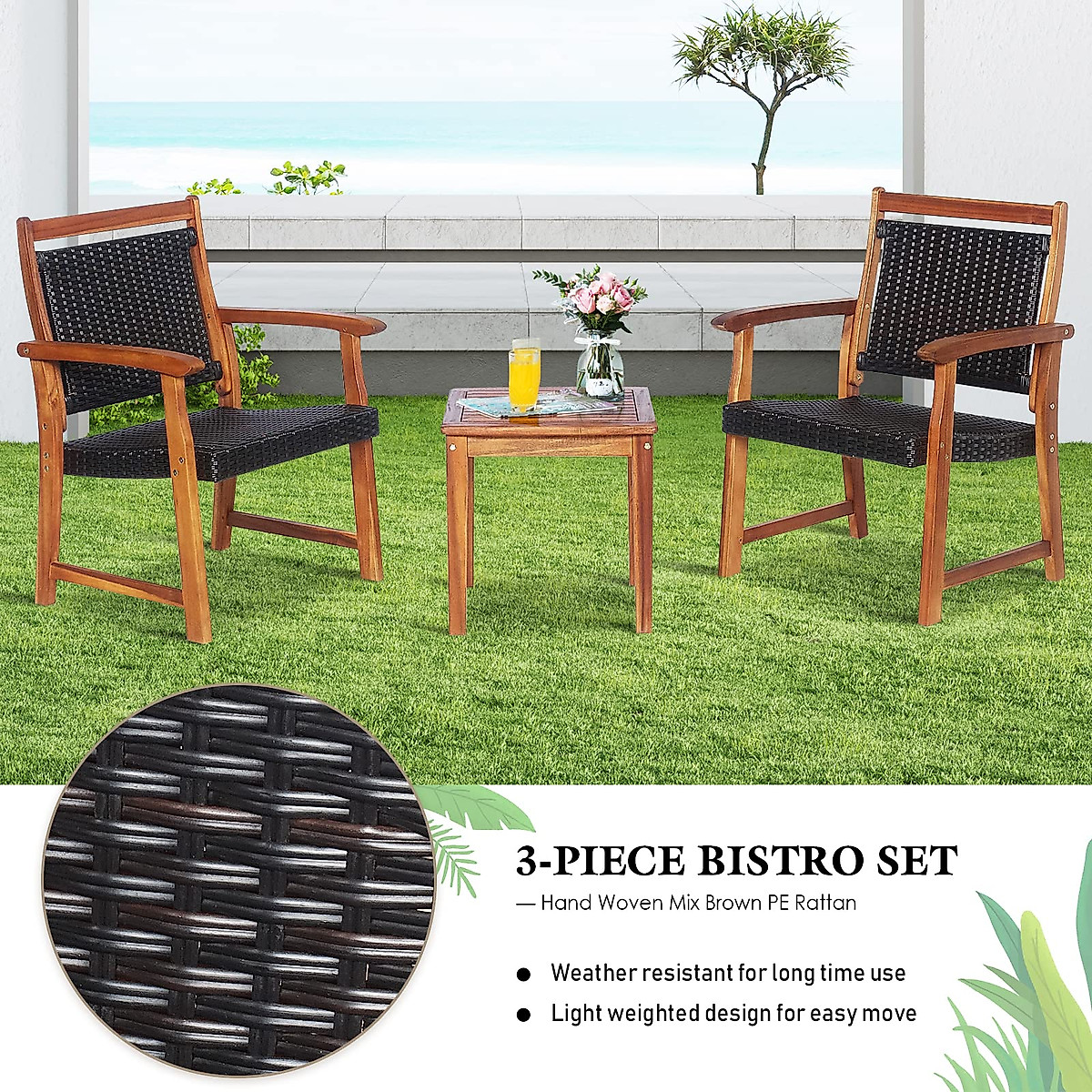Tangkula 3-Piece Patio Acacia Wood Bistro Set, Patiojoy Outdoor Furniture Set with 2 Chairs & 1 Side Table, Weather Resistant Rattan Garden Conversation Chair Set for Pool Side, Deck, Balcony