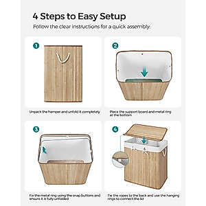 SONGMICS Laundry Hamper, 39.6 Gallons (150L), 3-Section Laundry Basket, Laundry Hamper with Lid, Bamboo, Foldable, Removable and Machine Washable Liner, for Laundry Room, Bedroom, Natural ULCB091N01