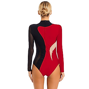Aislor Women's Rhinestone Figure Skating Costume Sheer Mesh Long Sleeve Ballet Dance Gymnastics Leotard Black&Red Medium