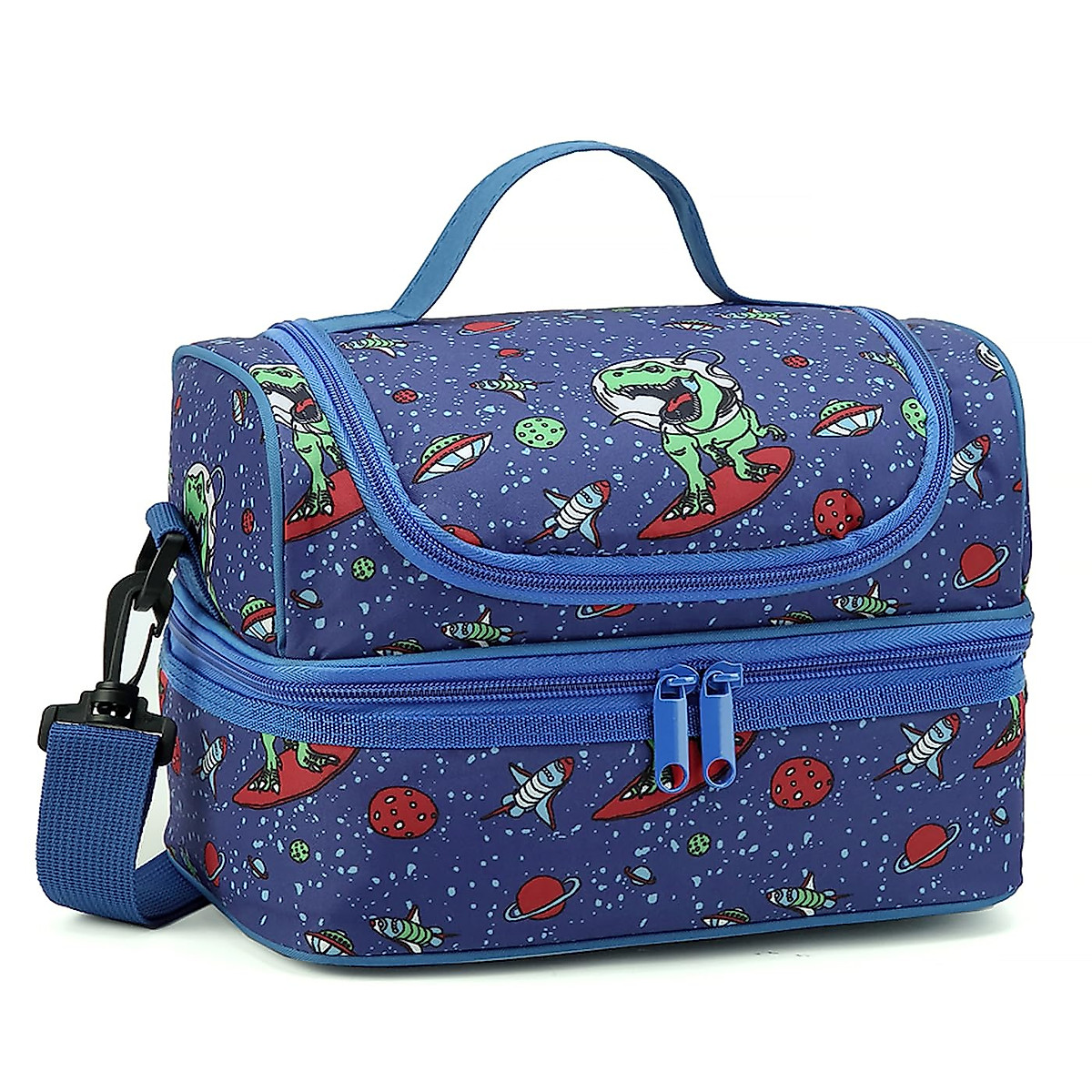 Kasqo Lunch Box Bag for Boys, Insulated Cooler Bag Kids Lunch Tote with Dual Compartments, Blue Dinosaur