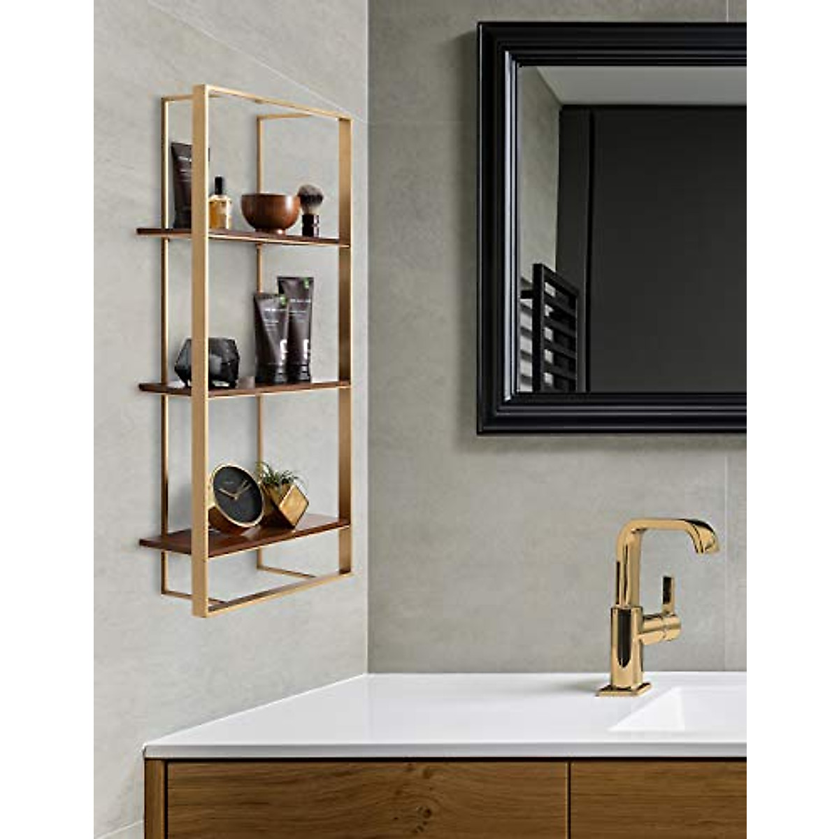 Kate and Laurel Kercheval Modern Wood Shelf, 15"x 32", Walnut Brown and Gold, Practical Mid-Century Wall Decor