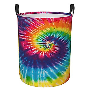 KiuLoam Colorful Rainbow Tie Dye 19.6 Inches Large Storage Basket with Handles Collapsible Portable Laundry Fabric Hampers Tote Bag for Toys Clothing Organization