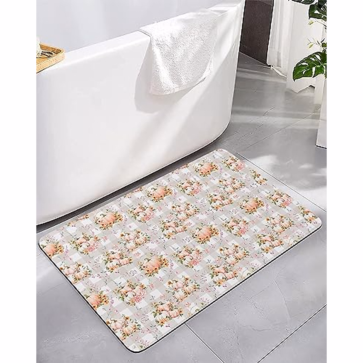 Pumpkin Sunflower Bath Mat for Tub,Non Slip Bathroom Floor Runner Rug Quick Dry & Absorbent Diatomaceous Earth Kitchen Shower Sink Washable Doormat,Thanksgiving Fall Eucalyptus Leaves Lattice 16"x24"