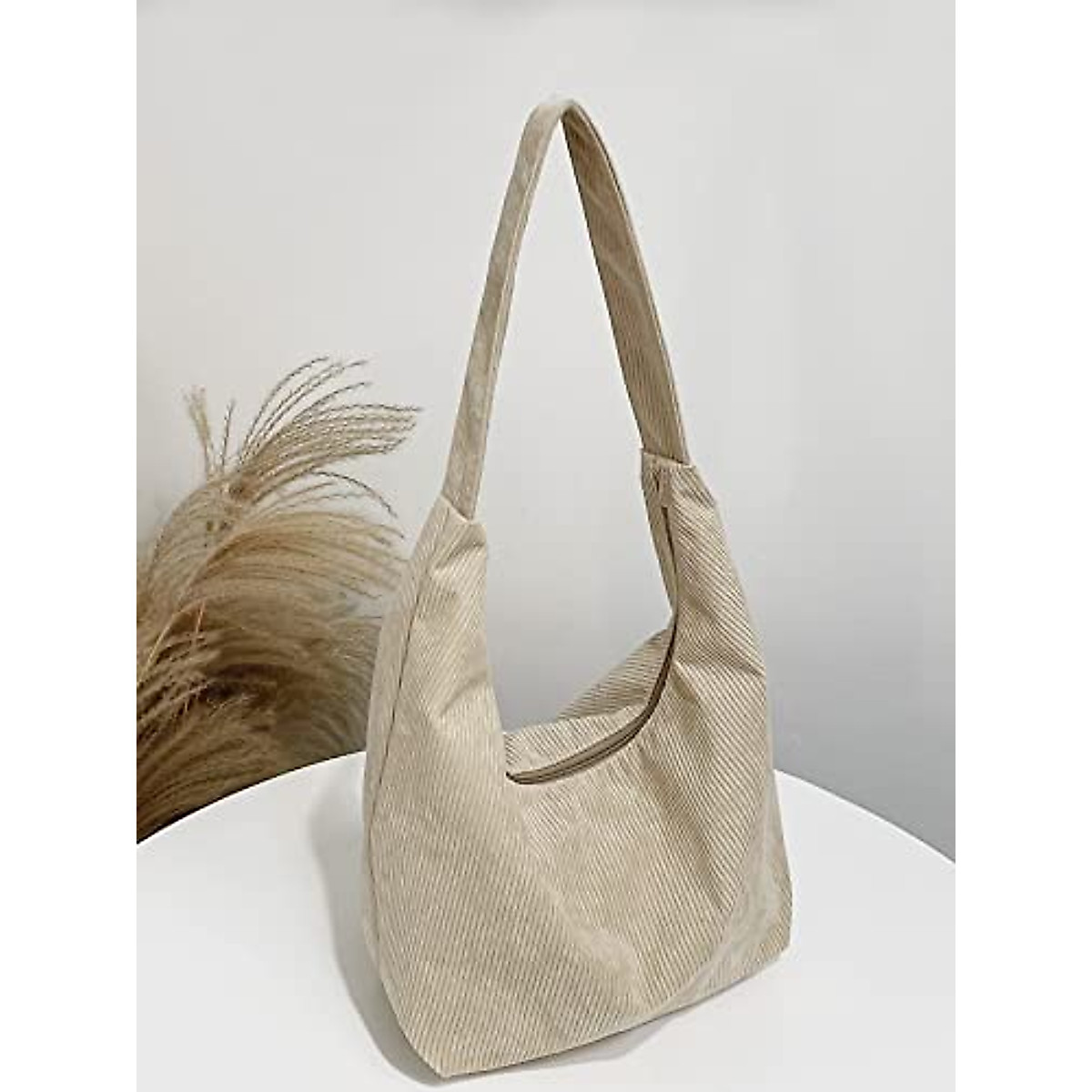 GORGLITTER Women's Corduroy Tote Bag Casual Zipper Handbag Big Capacity Shoulder Bag Beige One Size