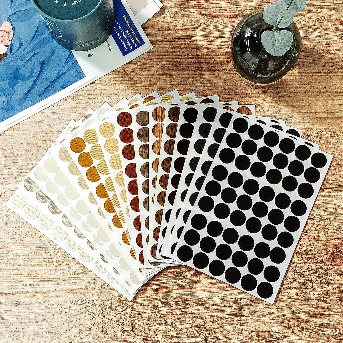 864 Pieces Screw Covers Wood Stickers for Furniture, 0.83 Inch Screw Hole Stickers Waterproof PVC Cover Caps Adhesive Wood Grain Stickers for Screw Holes Wall Cabinets Bookcase Desk (Basic Color)