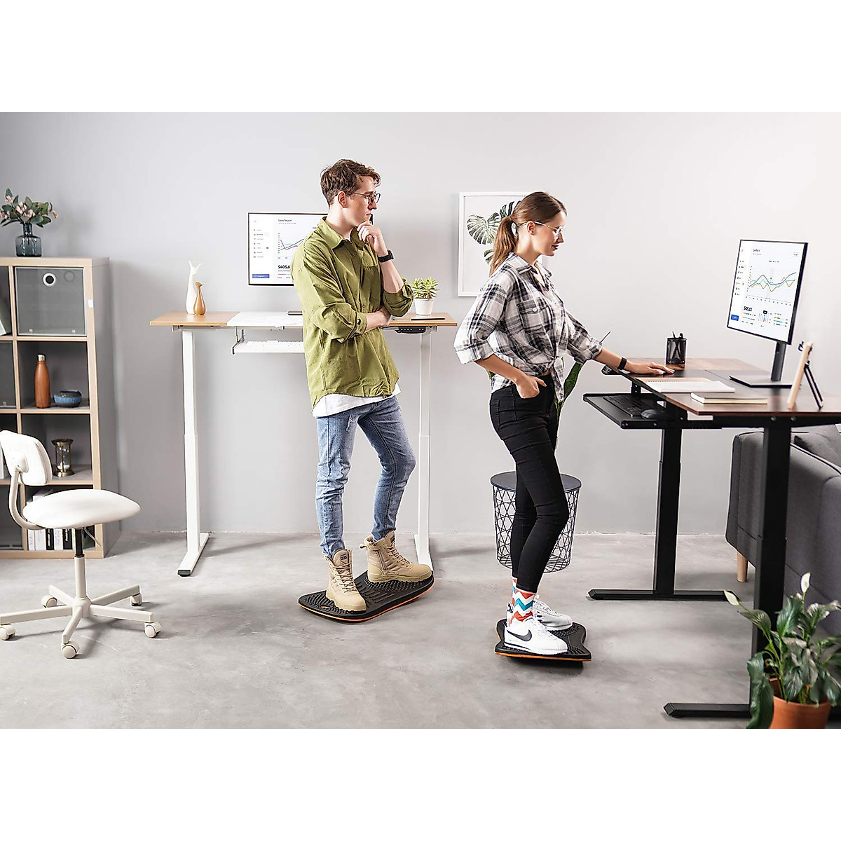 FEZIBO Electric Standing Desk with Drawer, 63 x 24 inches Splice Board | Anti Fatigue Mat Wooden Wobble Balance Board (Medium, Obsidian Black)