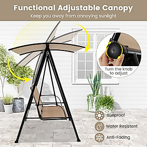 HAPPYGRILL 2-Person Porch Swing with Canopy, Outdoor Patio Swing Chair with Heavy-Duty Metal Frame, Breathable & Durable Seat Fabric, Patio Loveseat Swing for Backyard, Balcony, Poolside