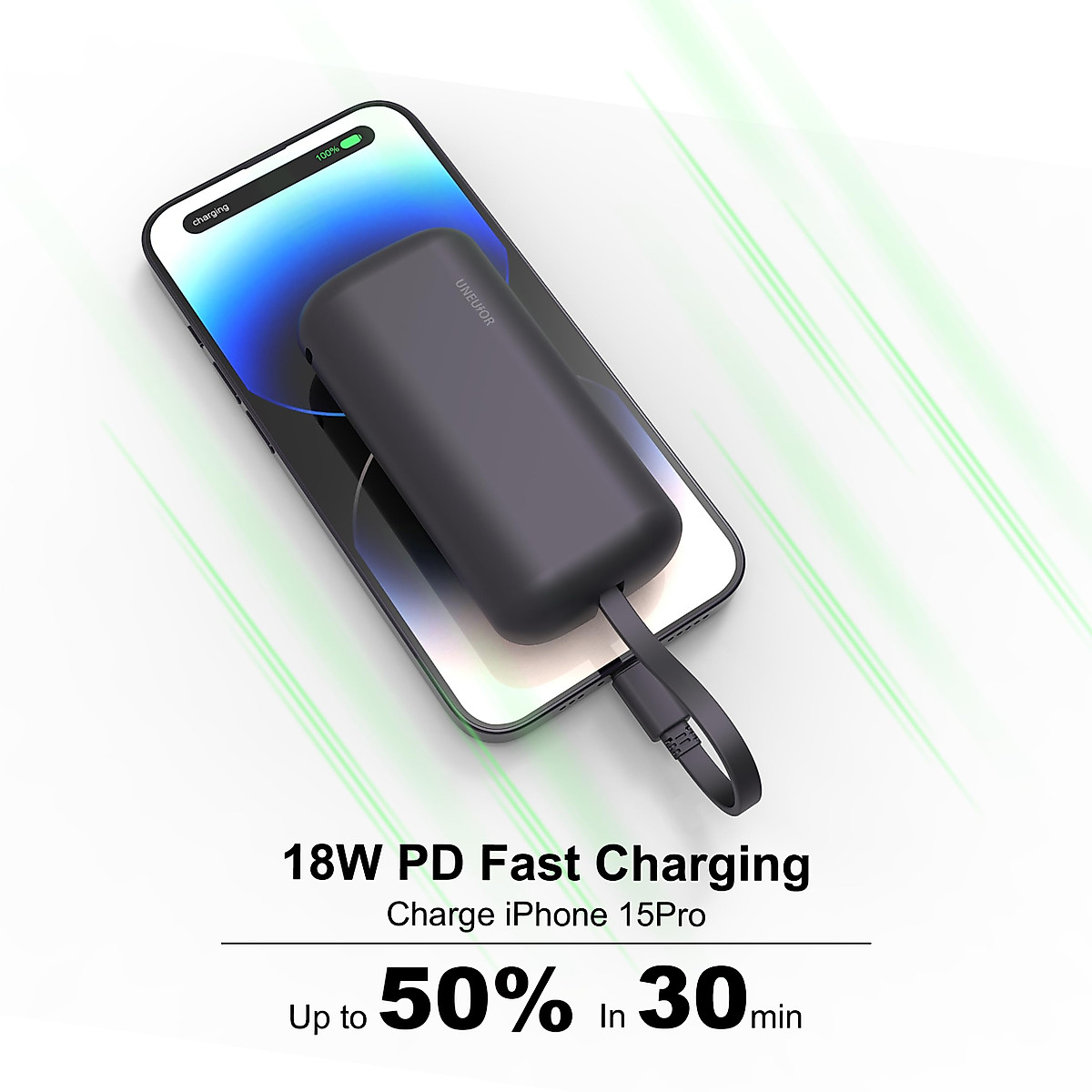 Portable Charger with Built-in USB-C Cable,10000mAh 18W PD Fast Charging Power Bank.Ultra-Compact Battery Pack Compatible with iPhone 15,15 Plus,15 Pro,Samsung Galaxy S23,S22,S21,Moto,LG (Black)