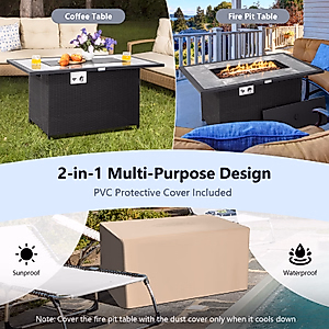 Tangkula 52 Inches Wicker Patio Propane Fire Pit Table, Patiojoy 50,000 BTU Outdoor Gas Fire Table with Auto-Ignition, Hideaway Tank Holder, Marble Tabletop, Lava Rocks, Protective Cover and Lid