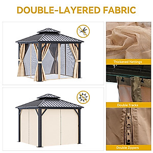 DWVO 10x10ft Hardtop Gazebo Double Roof with Nettings and Curtains, Heavy Duty Galvanized Steel Outdoor Vertical Stripes Roof for Patio, Backyard, Deck, Lawns, Brown