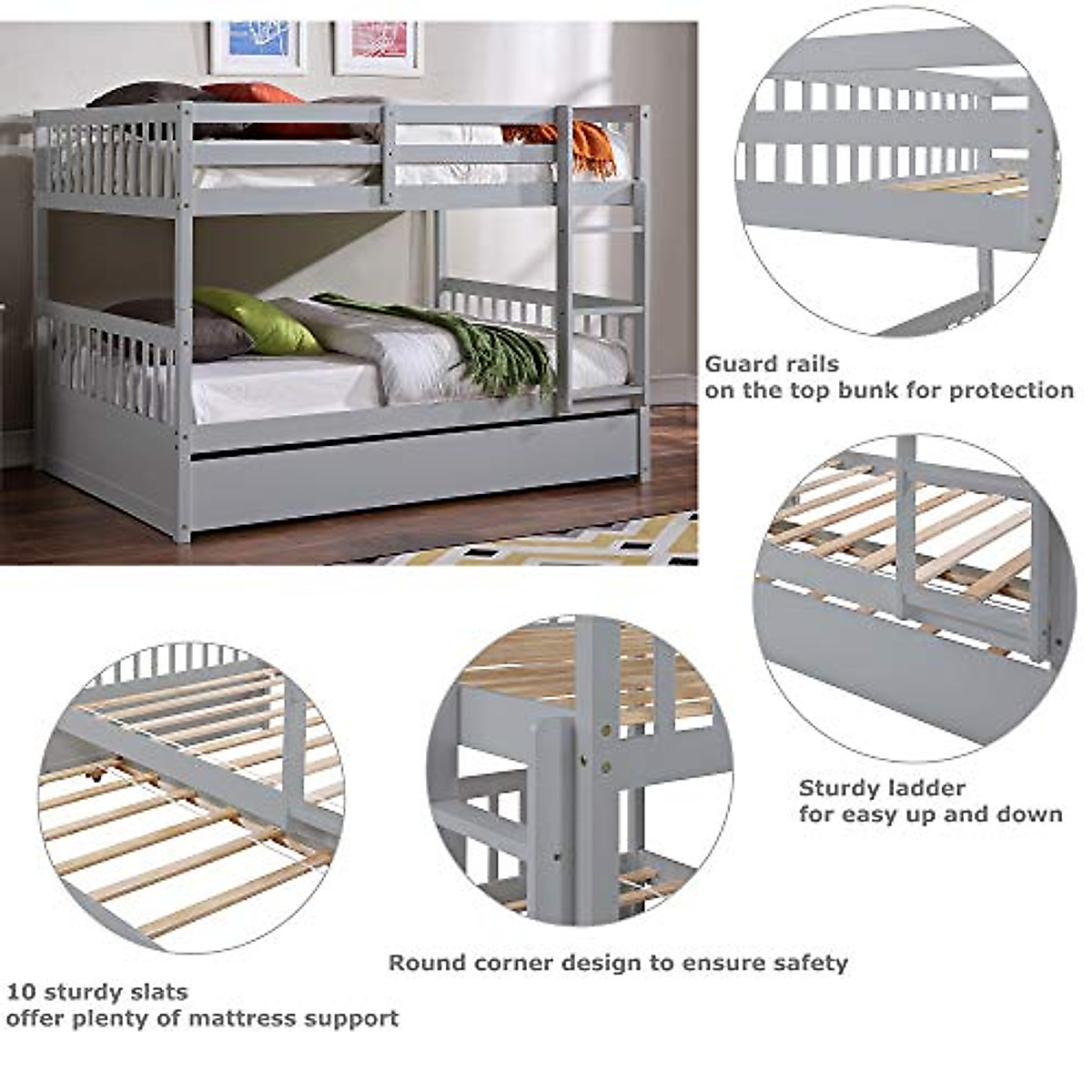Full Over Full Bunk Bed with Trundle, Convertible to 2 Full Size Platform Bed, Full Size Bunk Bed with Ladder and Safety Rails for Kids, Teens, Adults, Grey