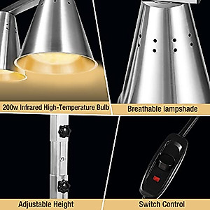 Restlrious Food Heat Lamp Freestanding Commercial Portable Food Warmer, Stainless Steel 120V Electric Food Heat Lamp with 2 Bulbs for Food Service - 250W Each, Fan-Shaped Lampshade