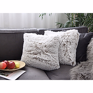 Uhomy 2 Packs Full Home Decorative Fluffy Plush Pillow Covers 18"x18", Luxury Fuzzy Artificial Fur Throw Pillow Case Double Side Fluffy Cushion Cover for Sofa Bed Couch Brown Khaki Ombre 45x45 cm