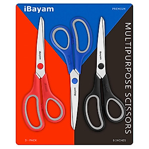 Scissors, iBayam 8" Multipurpose Scissors Bulk 3-Pack, Ultra Sharp Blade Shears, Comfort-Grip Handles, Sturdy Sharp Scissors for Office Home School Sewing Fabric Craft Supplies, Right/Left Hand