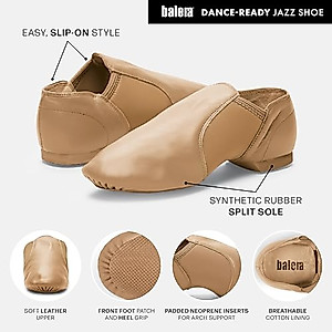 Balera Jazz Shoe Leather Slip On for Dance with Synthetic Rubber Split Sole Caramel