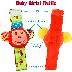 FunsLane 8 Packs Kids Rattle, Kids Wrist Rattles and Foot Finder Socks Set, Educational Development Soft Animal Toy Shower Gift with Monkey, Elephant, Puppy and Piggy