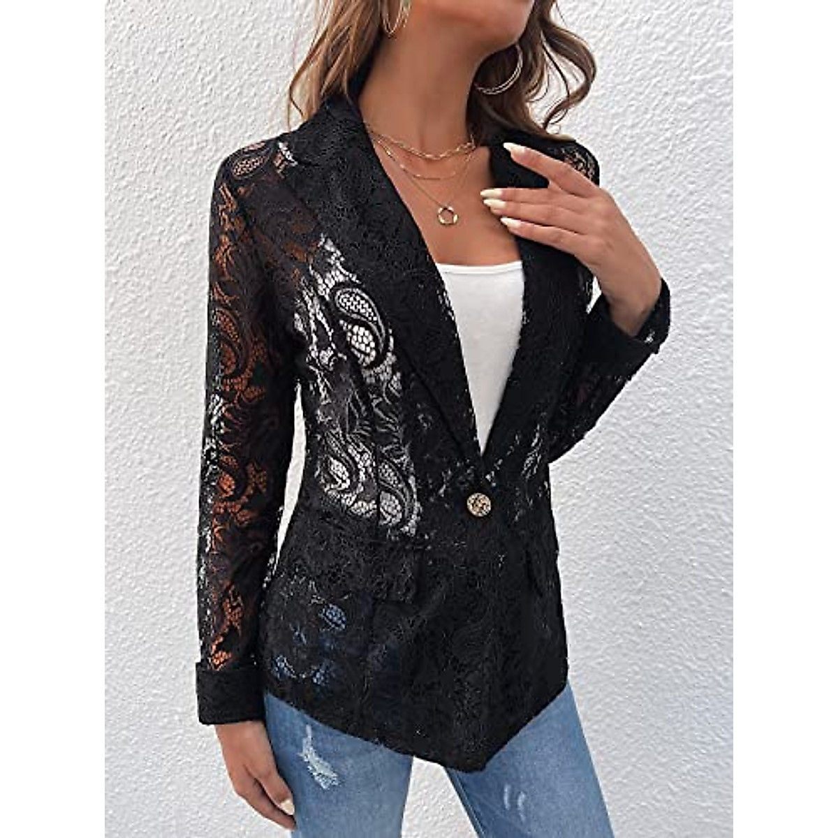 WDIRARA Women's Lace Open Front Long Sleeve Sheer Elegant Casual Blazer Jacket Black S