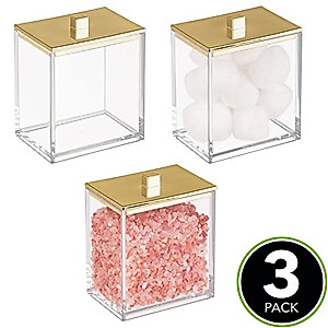 mDesign Plastic Rectangle Apothecary Canister - Organizer for Bathroom Vanity Countertop Shelf Decor - Holds Cotton Swabs, Soap, Makeup, Bath Salts - Lumiere Collection - 3 Pack - Clear/Soft Brass