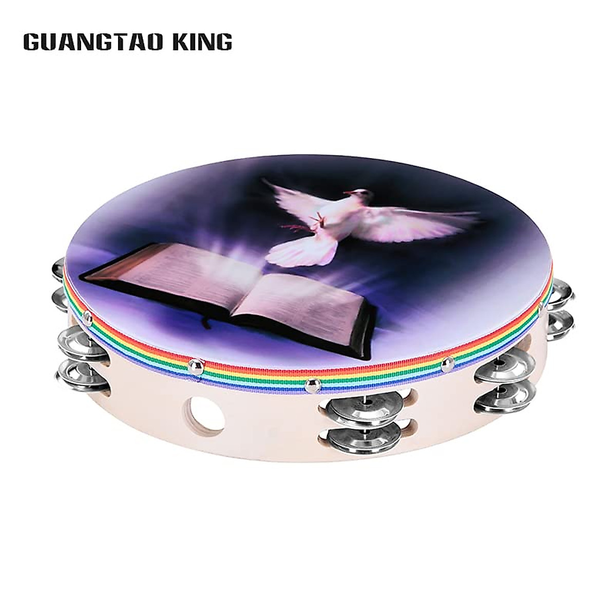 GuangTao king Tambourine 10 inch peace Dove Bible Double Row Handbell Clap Drum Tambourine for Pray Church Party Musical Instrument Zebra Sounds