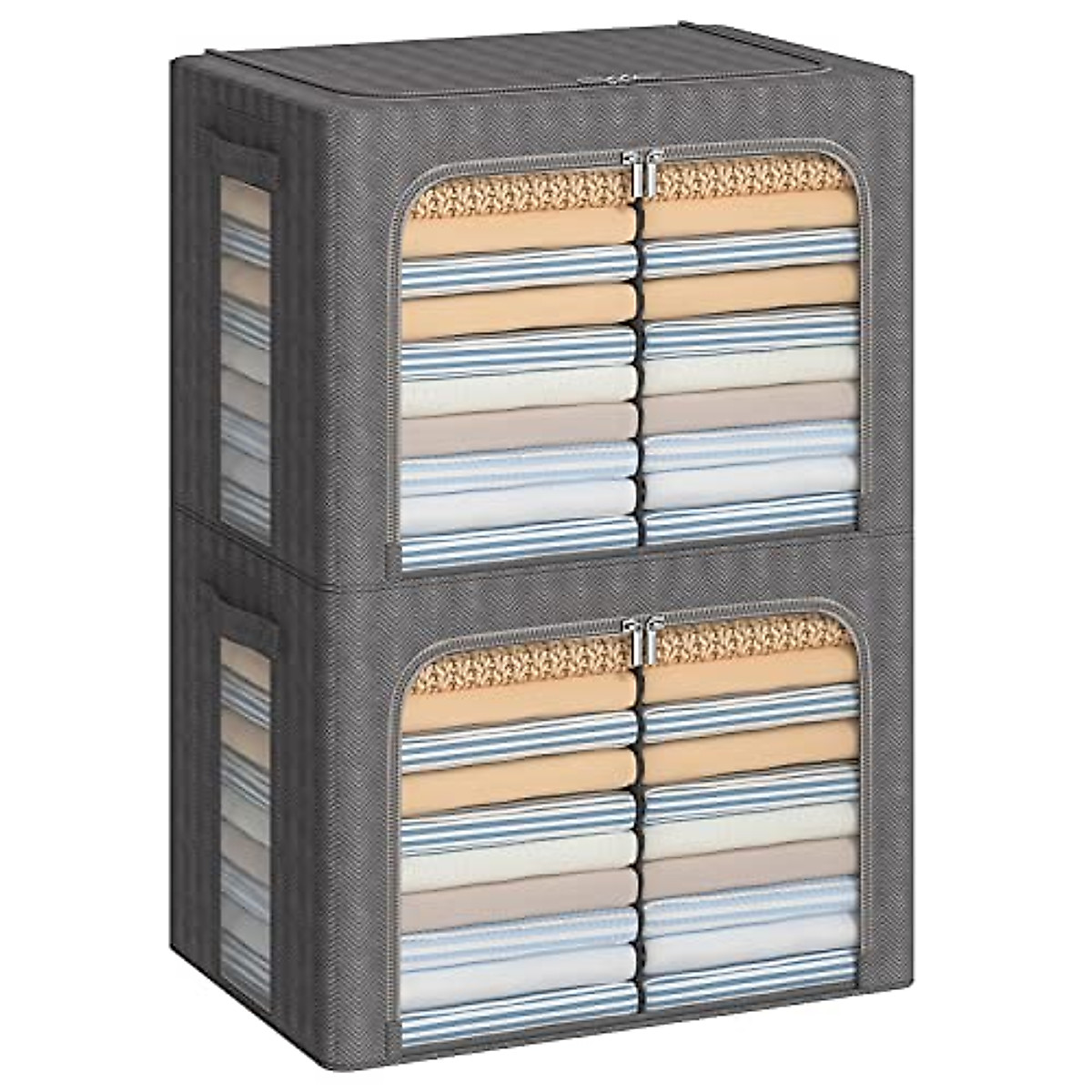 2Pack Stackable Storage Bins Oxford Frame Storage Box with Clear Window, Label Holder, Durable Carry Handles (36L,Grey)