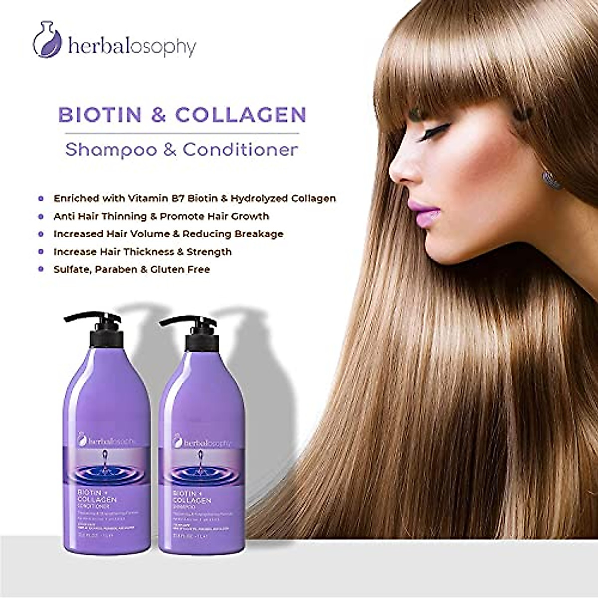 Herbalosophy 16.9 Fl Oz Biotin & Collagen Shampoo, Hair Growth Thickening Shampoo, Repair Dry, Damaged Thinning Hair, Infused with Vitamin B7 & Argan Oil, Free of Sulfate, Parabens and Gluten