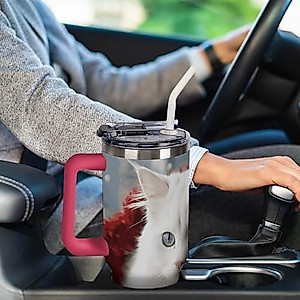 LLUTSNTH 40 Oz Vacuum Tumbler with Light Rose Red Handle Leakproof Insulated Tumbler Cute White Cat Stainless Steel Travel Mug with Lid And Straw Coffee Cup Cute Water Bottles Cup Holder Friendly