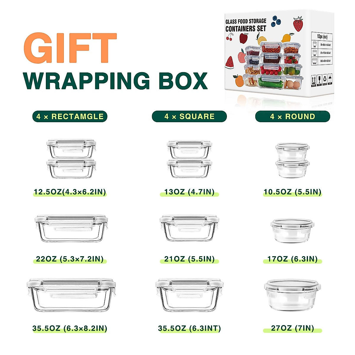 Glotoch 12 Sets Glass Food Storage Containers with Lids, Oven Safe Meal Prep Containers Reusable Glass Lunch Containers for Adults, Airtight Recipientes de Vidrio Con Tapa for Freezer & Dishwasher