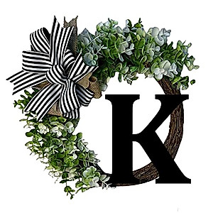 FRAKYEN Monogram Front Door Wreath Floral Wreath with Green Eucalyptus Leaves Silk Flower Wreath Welcome Sign 26 Letter Farmhouse Wreath for Indoor Outdoor Festival Home Farmhouse All Season Decor