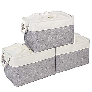 KEEGH Fabric Storage Bins,3-Pack Gray storage Baskets for Organizing with Drawstring Cover & Handles,Decorative Storage Baskets for Gift Organization Closet 15 x 10 x 9.5inch