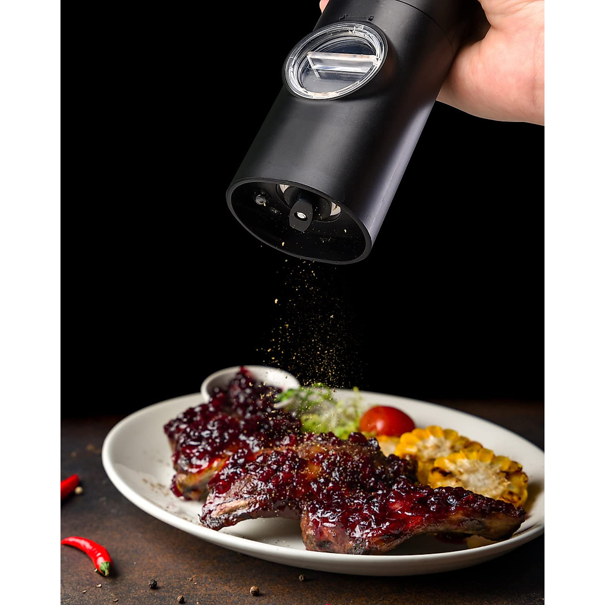 COKUNST Electric Salt or Pepper Grinder, Battery Operated Gravity Sensing Grinder with Light and Switch Button, Automatic Pepper Mill with One Hand Operation Refillable for Kitchen Resturant BBQ