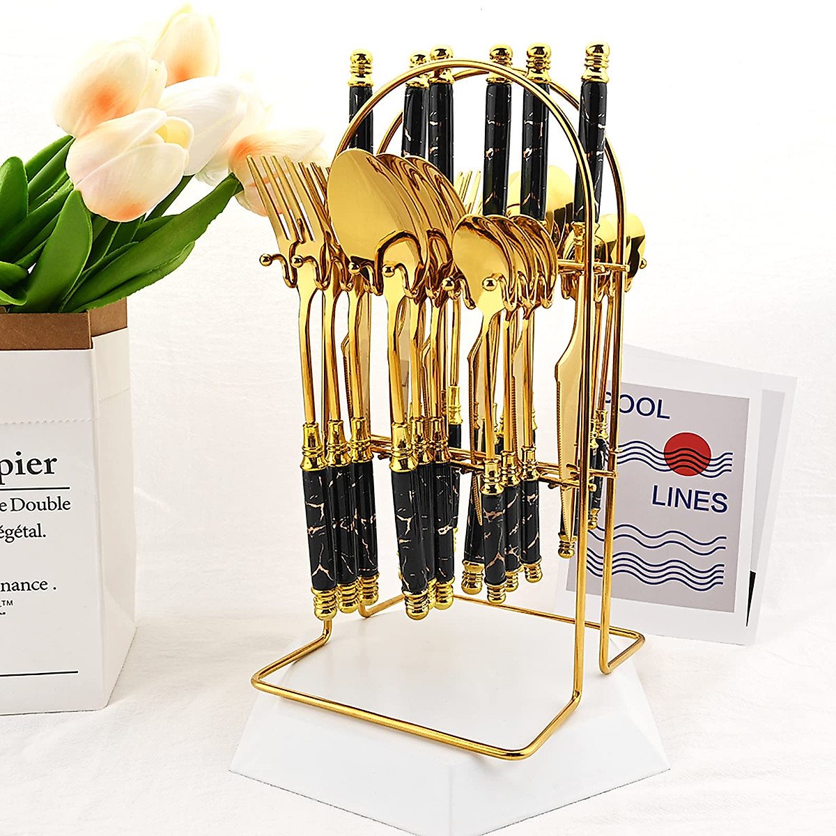 Snplowum 1 Pcs Gold Stainless Steel Cutlery Stand, Holds 24pcs Silverware Cutlery, Hanging Flatware Storage rack, 8.82oz