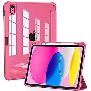 OKP for New iPad 10th Generation Case 2022, ipad 10.9 inch Case with Trifold Stand, Auto Wake/Sleep, ipad 10 gen Protective Cover with Slim Lightweight Clear PC Back Shell for Women Men, Rose Red