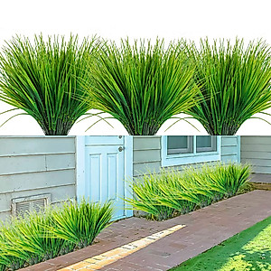 12 Bundles Artificial Wheat Grass Outdoor Plants, UV Resistant Fake Grass Faux Plastic Greenery Stems Plants for Porch Garden Farmhouse Window Box Decorating