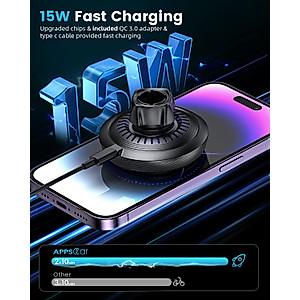 APPS2Car for Magsafe Car Mount Charger Tri-Pivot Magnetic Wireless Cup Holder Phone Mount for Car Truck with Cooling Fan Fast Charging for iPhone 15 14 13 12 Series Magsafe Case [with Car Adapter]