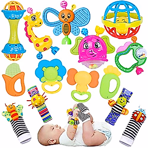 Baby Rattles Toys for 0-6 Months - 14 PCS Infant Toys 0-3 Month Old Baby Boy Girl Gifts Set with Teething and Wrist Socks Rattle Infant Newborn Sensory Toy