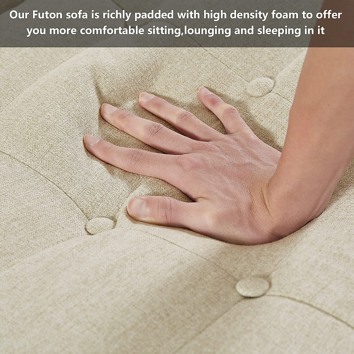 Betoko Linen Futon Sofa Couch 73.6" Fabric Upholstered Convertible Sofa Bed Minimalist Button Tufted Small 3 Seater Sleeper Futon Couch Set for Living Room Bedroom (Beige)