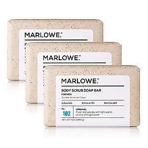 MARLOWE. No. 102 Men's Body Scrub Soap 7 oz (3 Bars) | Best Exfoliating Bar for Men | Made with Natural Ingredients | Amazing Scent | New Packaging - Same Great Formula