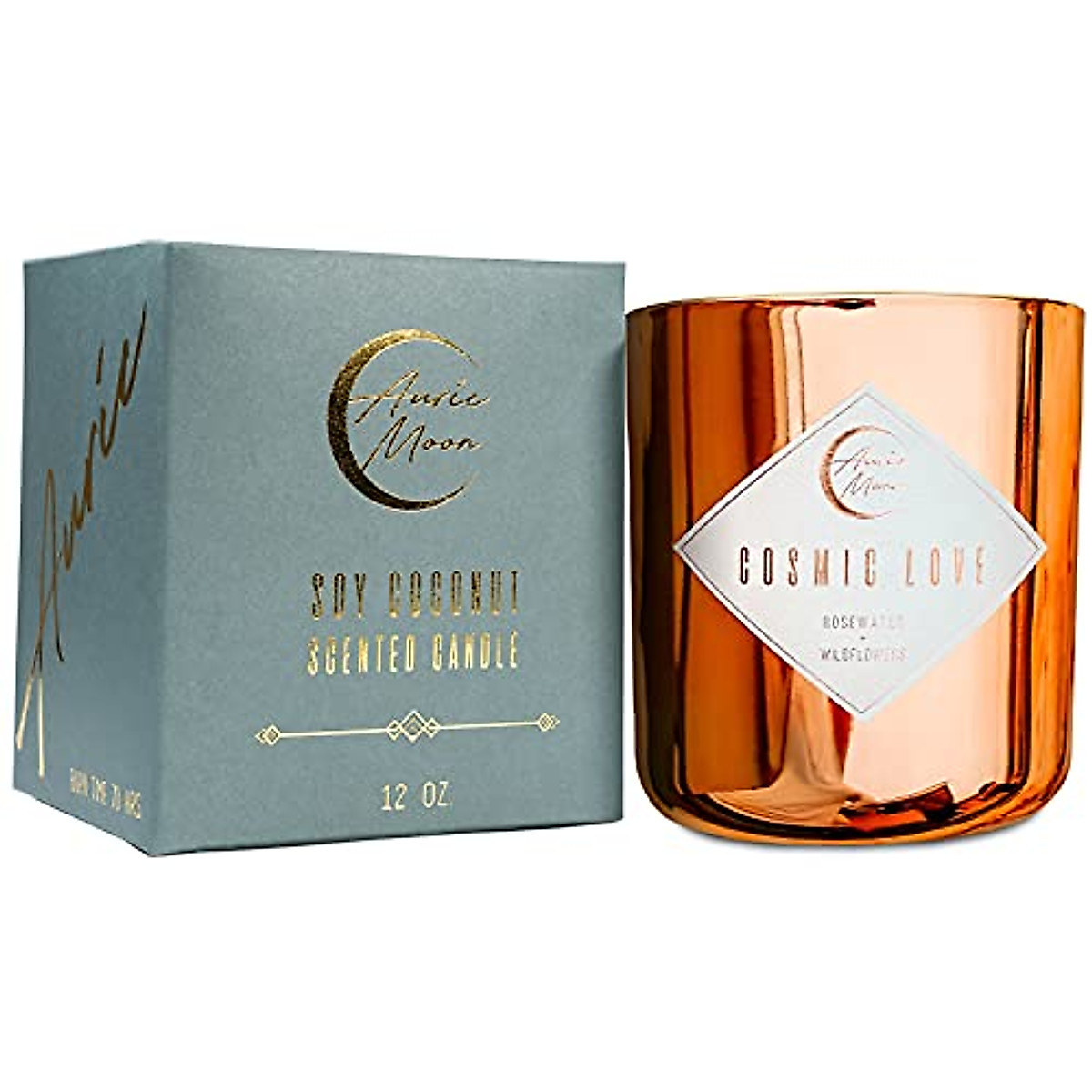 Auric Moon | Rosewater + Wildflowers Scented Luxury Soy Coconut Candle for Women | Slow 70+ Hour Burn | Wood Crackling Wicks | 12 Oz Premium Glass | Hand-Poured in California