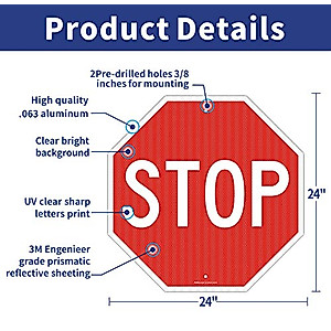 Faittoo Stop Signs, (2 Pack) 24 x 24 Inches Octagon Engineer Grade Reflective Sheeting Street Slow Warning Signs, Rust Free Aluminum, UV Protected and Waterproof, Weather Resistant, Durable Ink