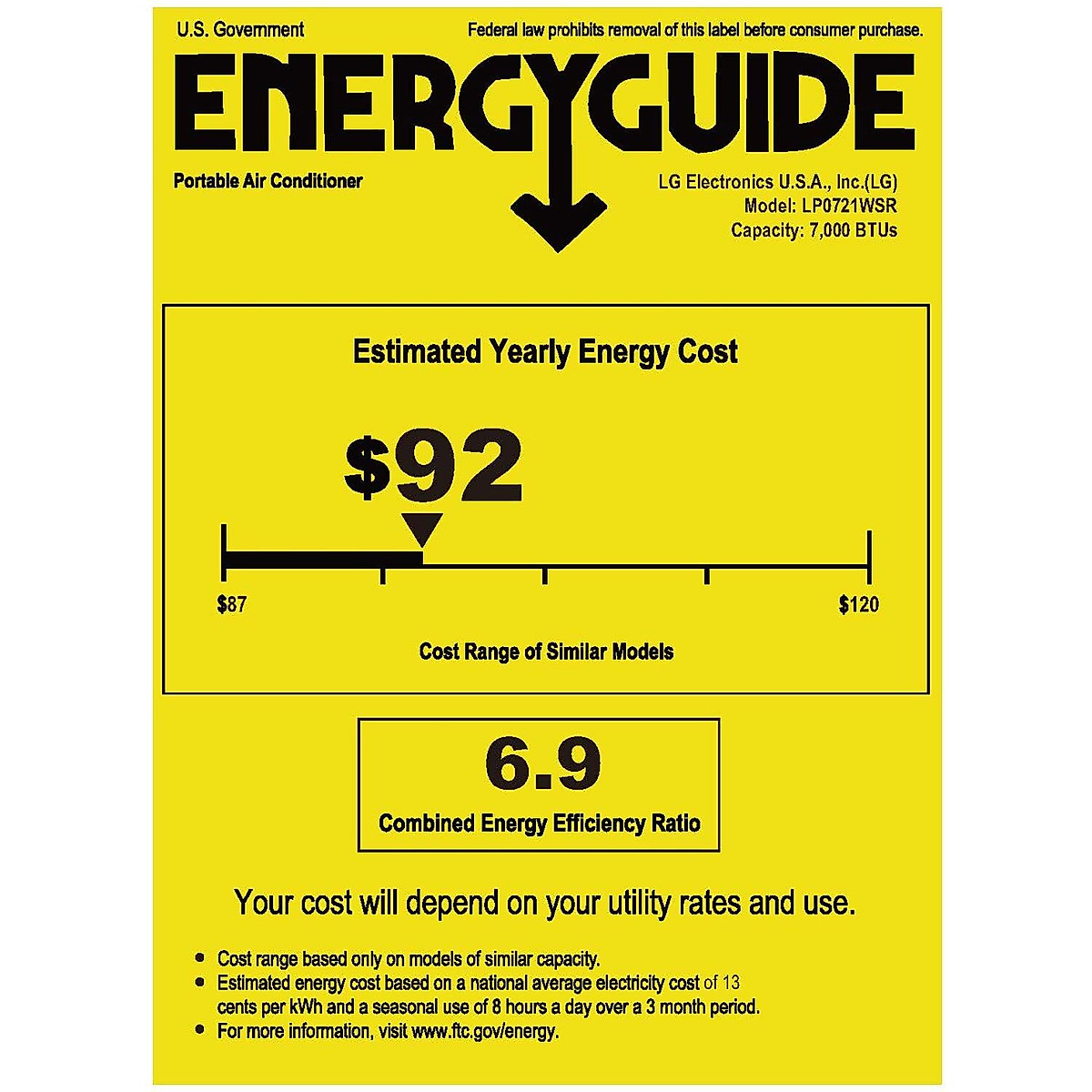 LG 7,000 BTU (DOE) / 10,000 BTU (ASHRAE) Portable Air Conditioner, Cools 300 Sq.Ft. (12' x 25' room size), Quiet Operation, LCD Remote, Window Installation Kit Included, 115V, LP0721WSR