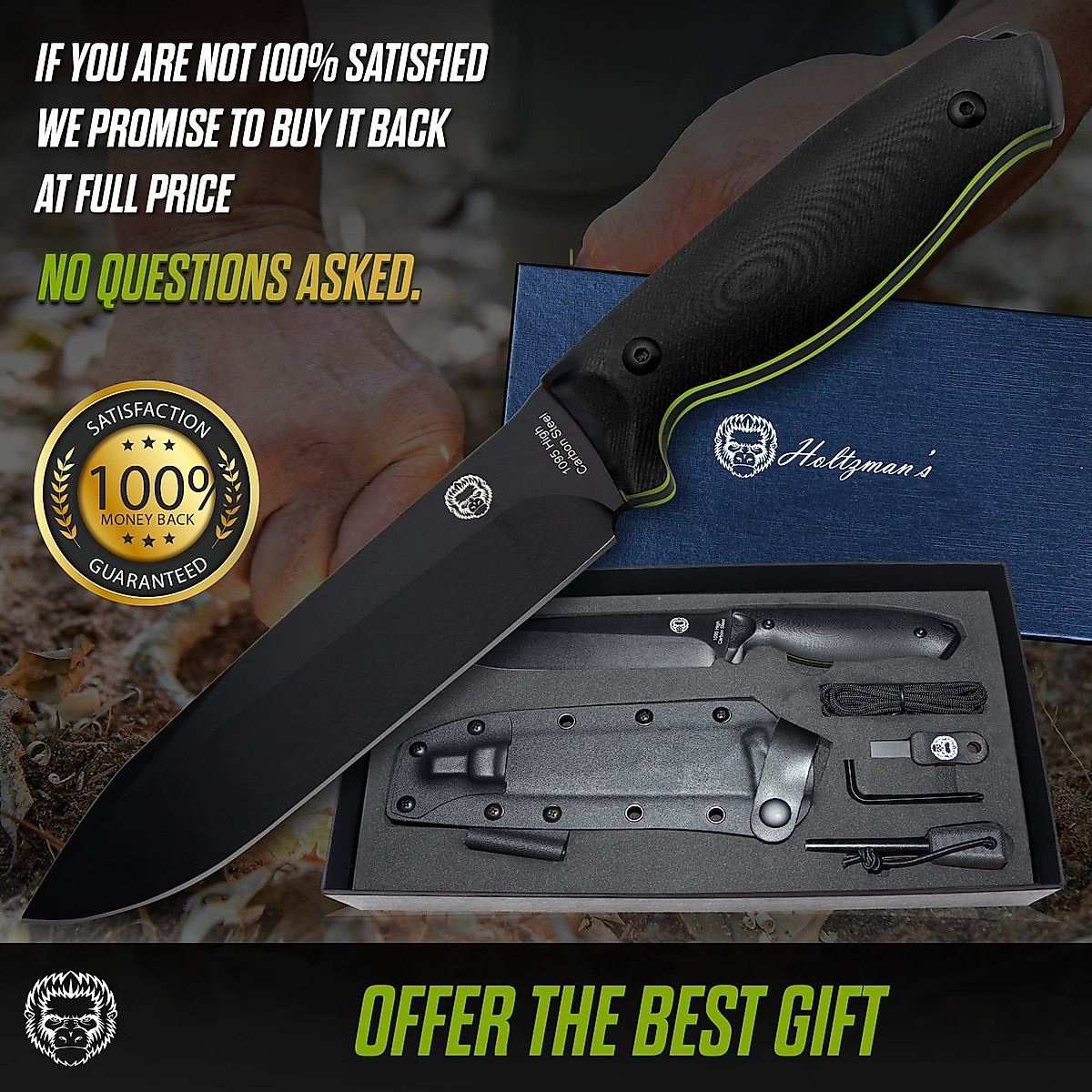 Holtzman's Gorilla Survival 'Fireline' Fixed Blade Hunting Knife with Sheath, Fire Starter Scraper & Paracord (Green)