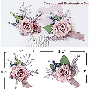 lengenyen Pink Corsage and Boutonniere Set，2pcs Artificial Rose Wrist Corsage for Groom Bride Groomsmen Bridesmaids, Men Boutonniere for Prom Party Wedding Decorations(Pink)