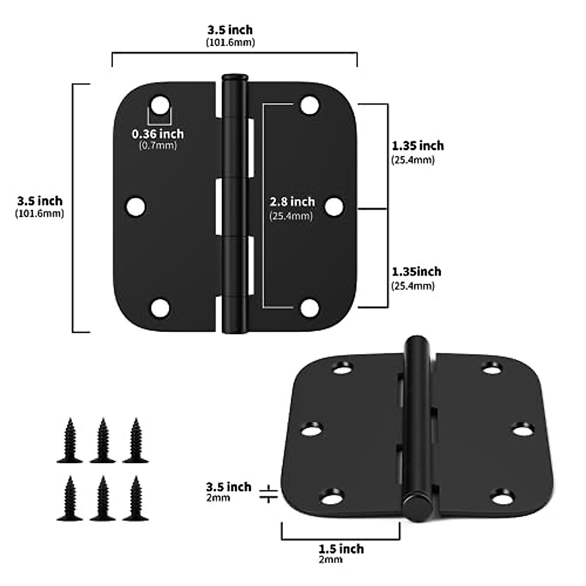 Removable Pin, 3.5 Inch Black Matte 6 Pack - Heavy-Duty, Smooth & Silent Open Exterior and Interior Door Hinges, 5/8'' Radius Corners