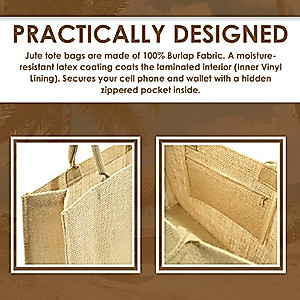 Large 16x7x13 Burlap Jute Reusable Canvas Bag with handles Blank Totes for Gifting, Wedding, Grocery Shopping, Beach Trip, Made With Hidden Cell Phone/Wallet Zipper Pocket (Set Of 3)