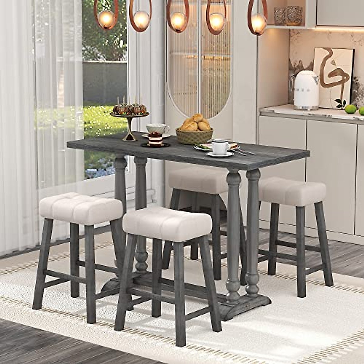 Hlcodca Modern 5-Piece Dining Table Set, Counter Height Dining Furniture with a Rustic Table and 4 Upholstered Stools for Kitchen, Dining Room (Gray@Y)
