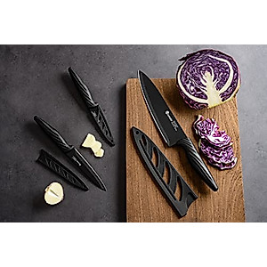 Mumulo Kitchen knife, Chef Knife Set With Sheath, German Stainless Steel Kitchen Knife Set, 6Pcs, 8 Inch Chef’s Knife & 4.5 Inch Utility Knife & 4 Inch Paring Knife & 3 Matching Knife Covers, Black.